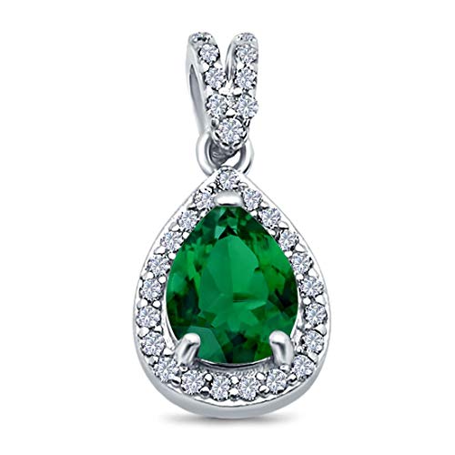 Blue Apple Co. Simulated Green Emerald Cubic Zirconia Pear Shape Pendant for Necklace 925 Sterling Silver