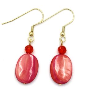 "coral island", coral color mother-of-pearl earrings with goldtone wires