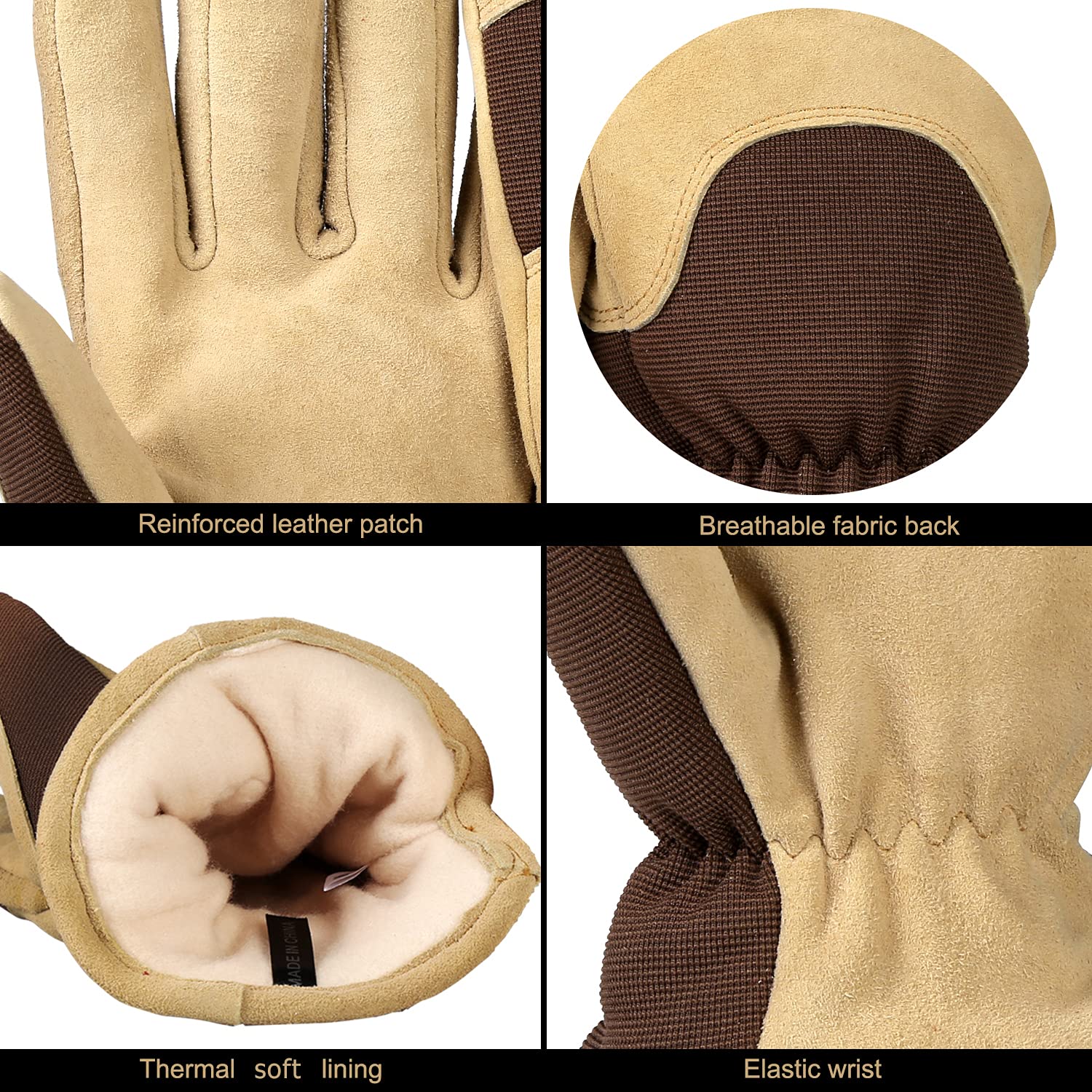 OZERO Insulated Work Gloves Deerskin Leather Winter Glove Thick Warm Polar Fleece Thermal for Driving Snow Working in Cold Weather for Women and Men (Brown, X-Large)