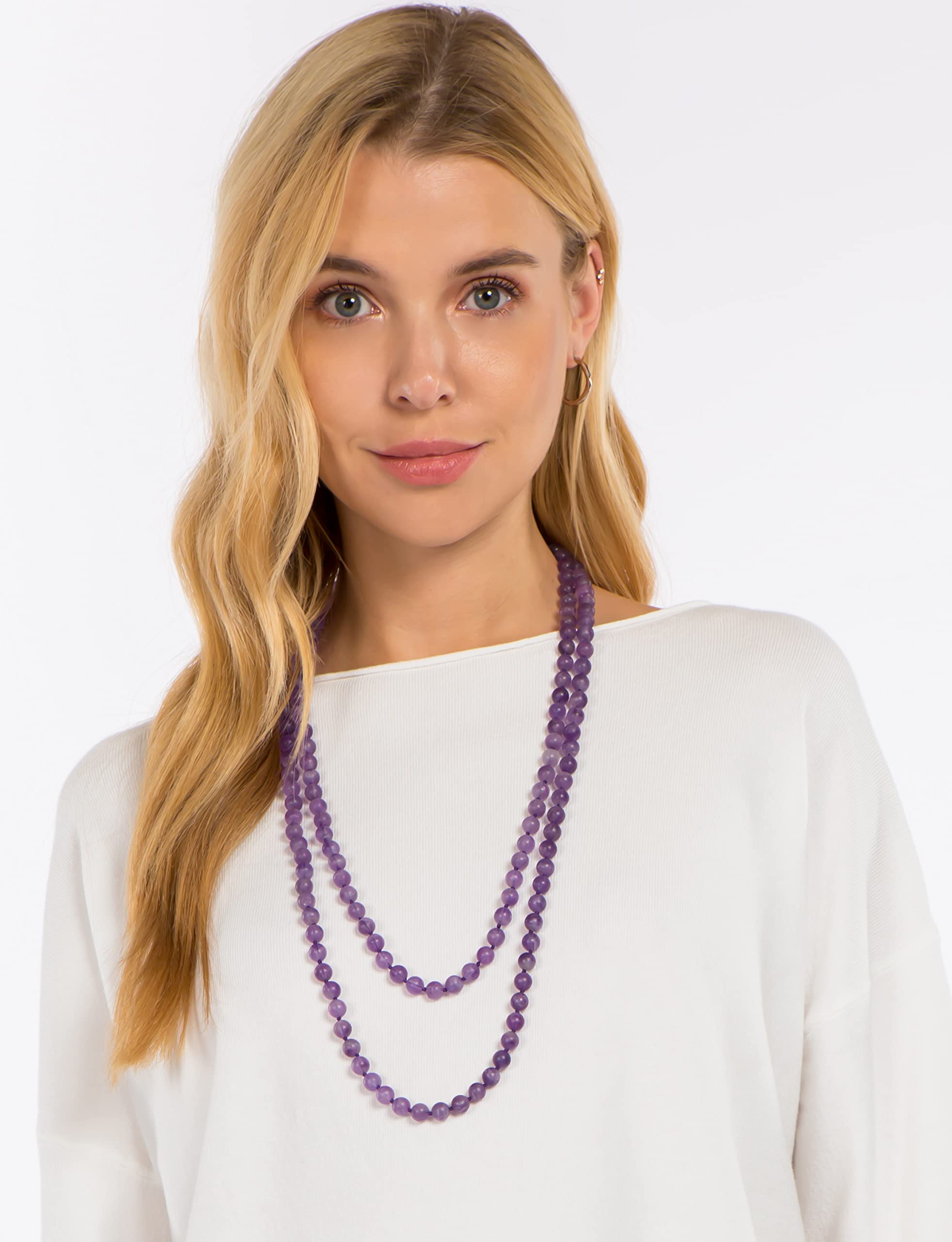 MGR MY GEMS ROCK! 60 Inch Polished Genuine Amethyst Stone Multi-layer Long Endless Infinity Beaded Necklace.