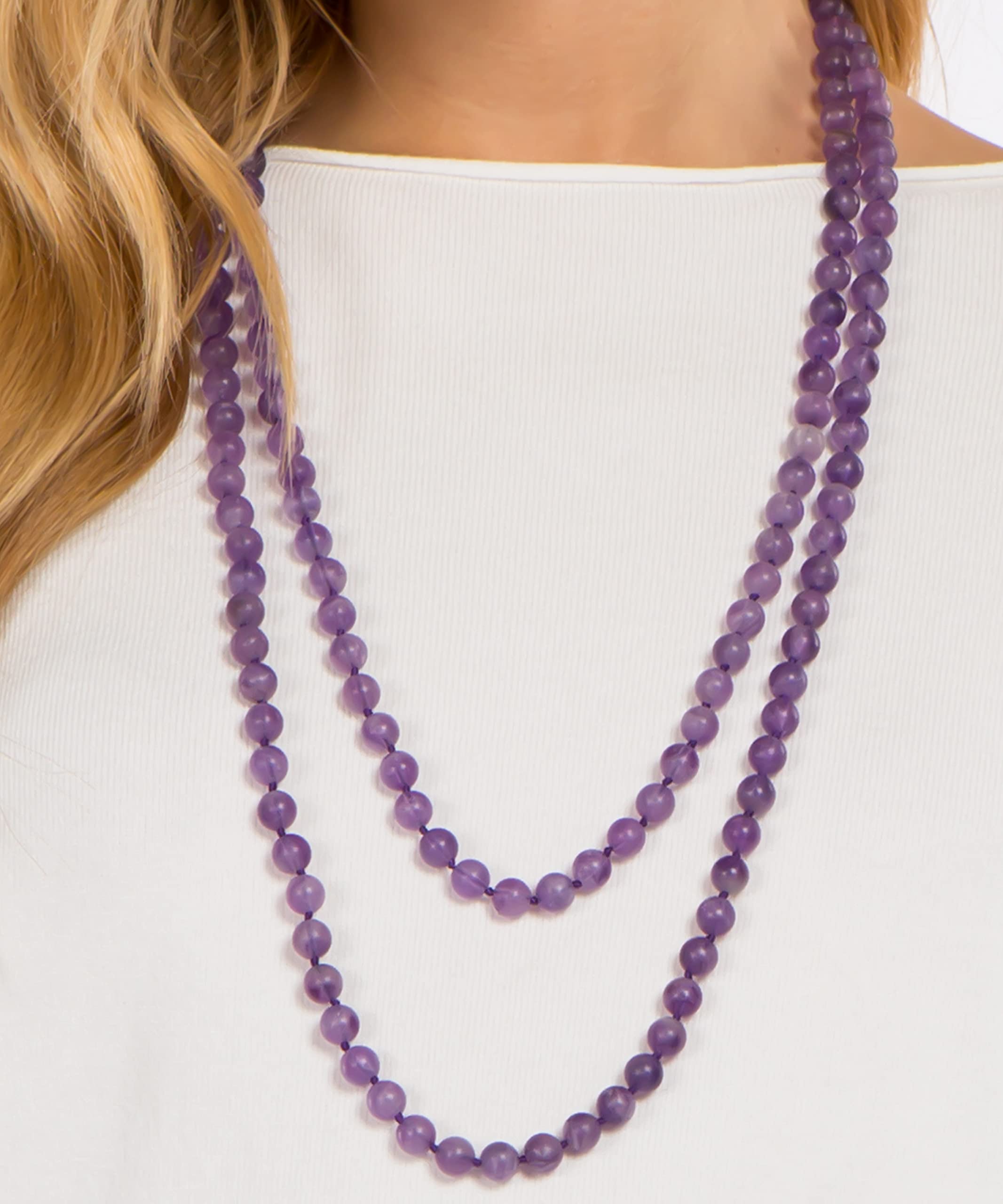 MGR MY GEMS ROCK! 60 Inch Polished Genuine Amethyst Stone Multi-layer Long Endless Infinity Beaded Necklace.