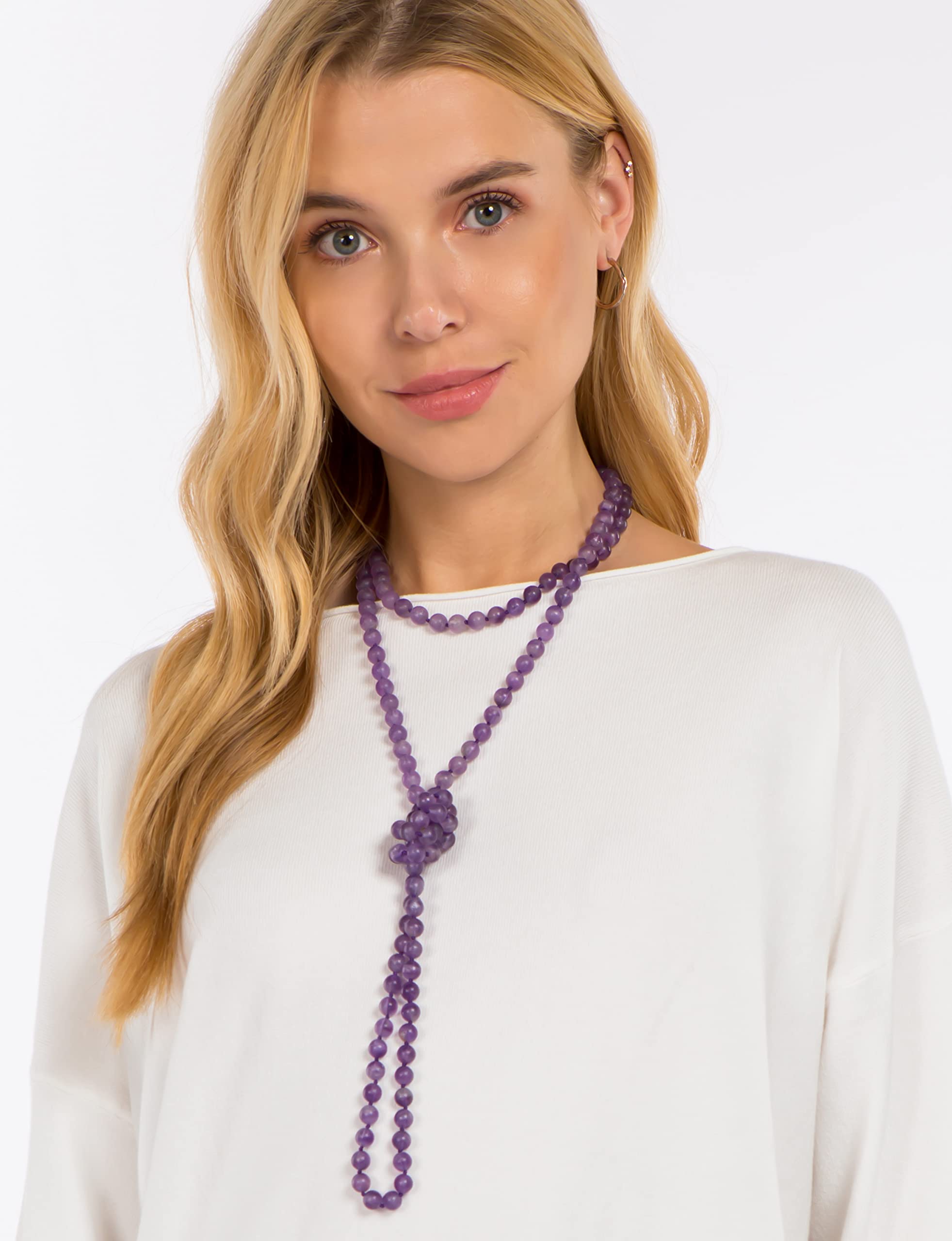 MGR MY GEMS ROCK! 60 Inch Polished Genuine Amethyst Stone Multi-layer Long Endless Infinity Beaded Necklace.