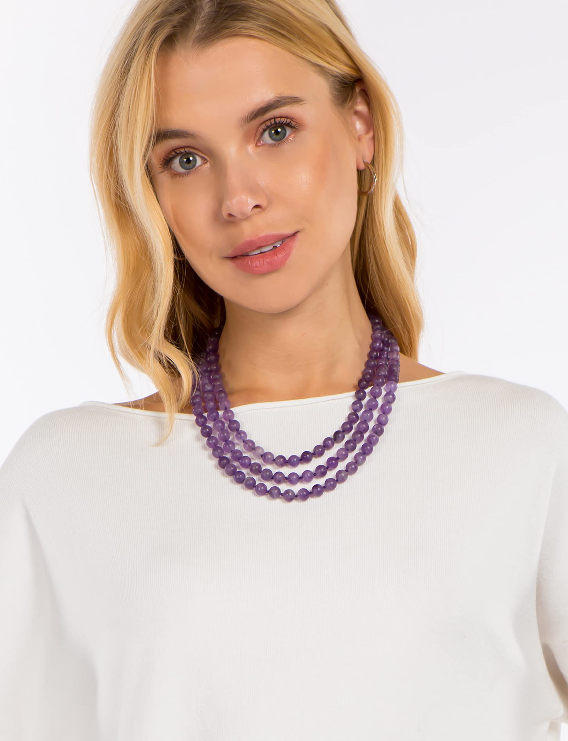 MGR MY GEMS ROCK! 60 Inch Polished Genuine Amethyst Stone Multi-layer Long Endless Infinity Beaded Necklace.