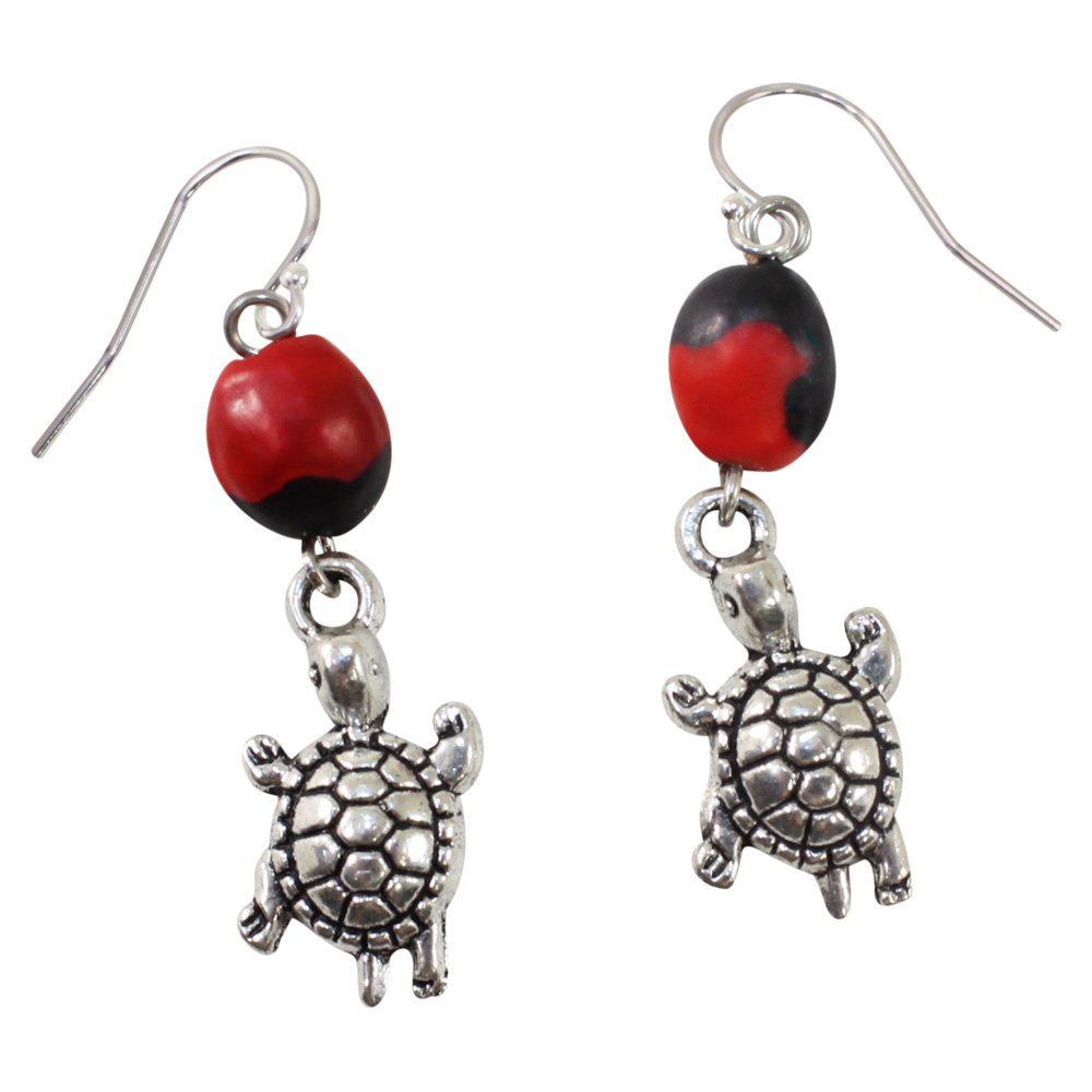 Peruvian Turtle Earrings for Women - Huayruro Red & Black Seed, Dangle Ecofriendly Earrings by EB