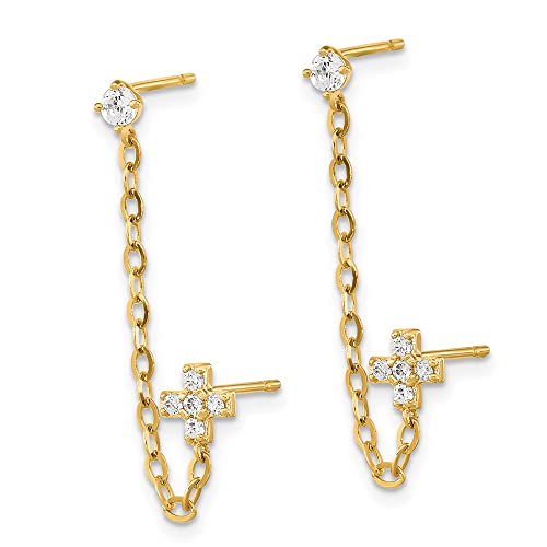 14K Yellow Gold Double Post Chain Cubic Zirconia CZ Holy Cross Earring Single