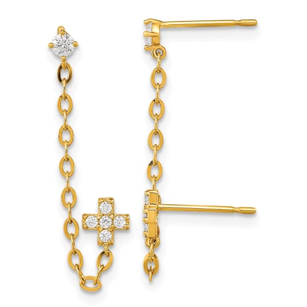 14K Yellow Gold Double Post Chain Cubic Zirconia CZ Holy Cross Earring Single