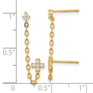 14K Yellow Gold Double Post Chain Cubic Zirconia CZ Holy Cross Earring Single