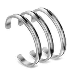 wusuaned hair tie bracelet stainless steel grooved cuff bangle gift for her (3 pcs silver)