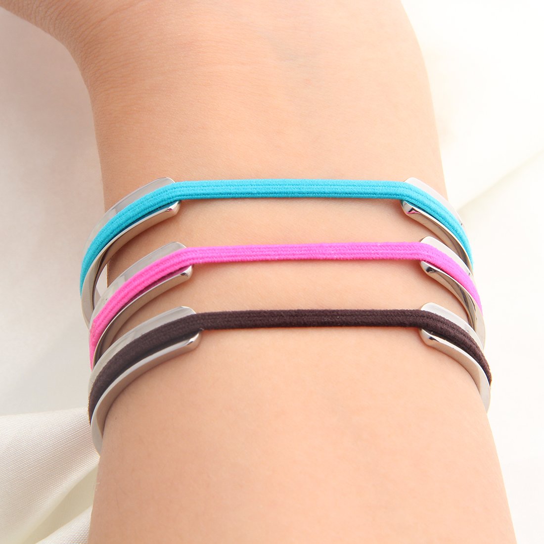 WUSUANED Hair Tie Bracelet Stainless Steel Grooved Cuff Bangle Gift for her (3 PCS silver)