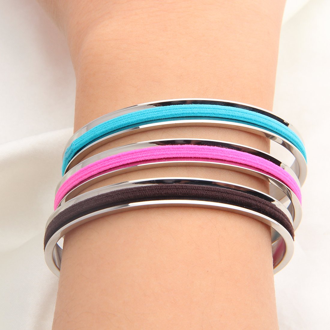 WUSUANED Hair Tie Bracelet Stainless Steel Grooved Cuff Bangle Gift for her (3 PCS silver)