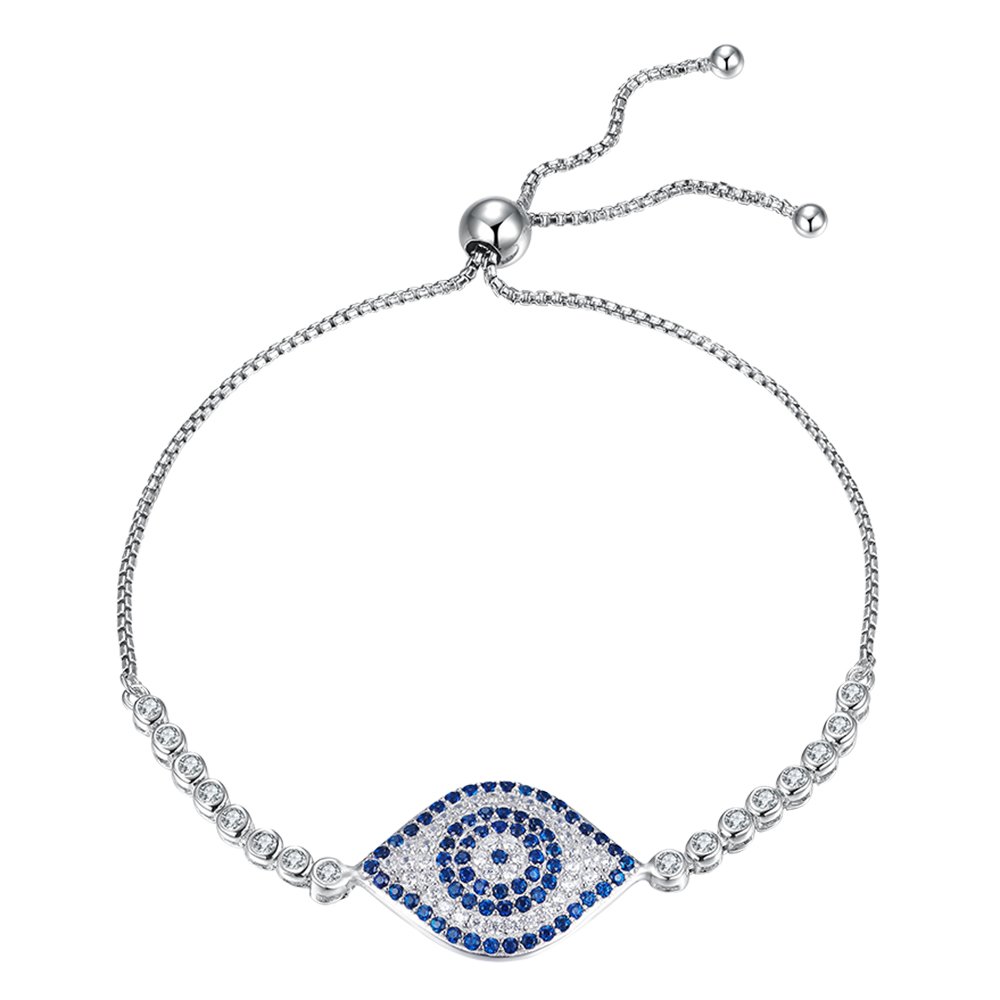 Kaletine Blue Evil Eye Tennis Bracelet Sterling Silver 925 Cubic Zirconia Adjustable Anchor Chain 10" Ball Clasp