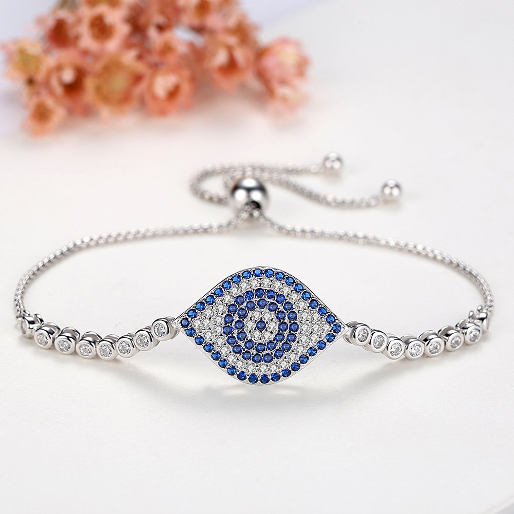 Kaletine Blue Evil Eye Tennis Bracelet Sterling Silver 925 Cubic Zirconia Adjustable Anchor Chain 10" Ball Clasp