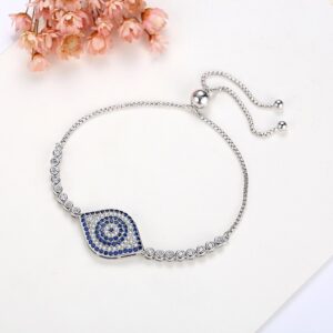 Kaletine Blue Evil Eye Tennis Bracelet Sterling Silver 925 Cubic Zirconia Adjustable Anchor Chain 10" Ball Clasp