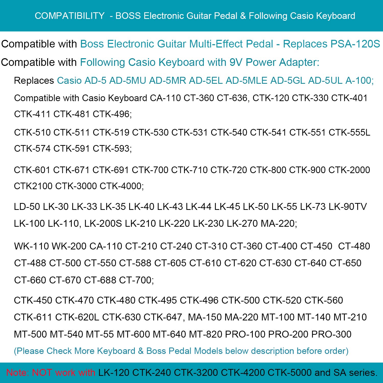 MaxLLTo 9V AC Adapter for Casio Keyboard CTK-450, CTK-451, CTK-470, CTK-471, CTK-480, CTK-481, CTK-485, CTK-491, CTK-495, CTK-496 Power Supply Cord Charger, 6 FT Long