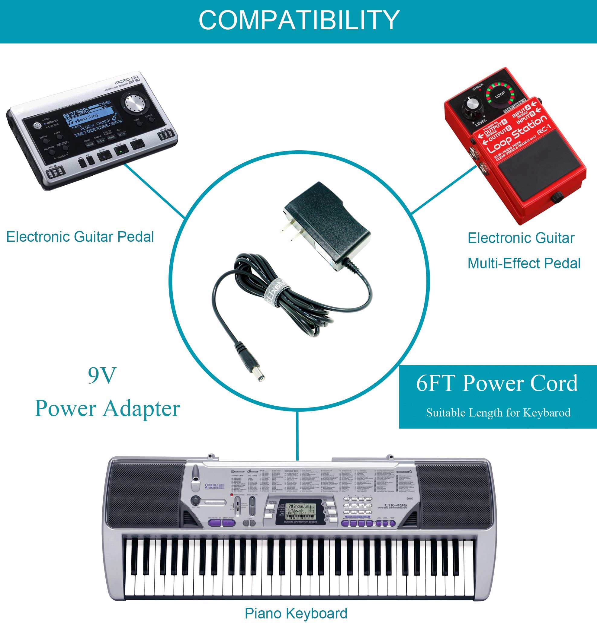 MaxLLTo 9V AC Adapter for Casio Keyboard CTK-450, CTK-451, CTK-470, CTK-471, CTK-480, CTK-481, CTK-485, CTK-491, CTK-495, CTK-496 Power Supply Cord Charger, 6 FT Long