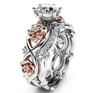 fendina women's gorgeous 2 pcs cz vintage engagement wedding ring set lotus flower rose gold plated two-tone bridal eternity rings (5)