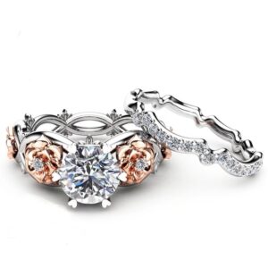 FENDINA Women's Gorgeous 2 PCS CZ Vintage Engagement Wedding Ring Set Lotus Flower Rose Gold Plated Two-Tone Bridal Eternity Rings (5)