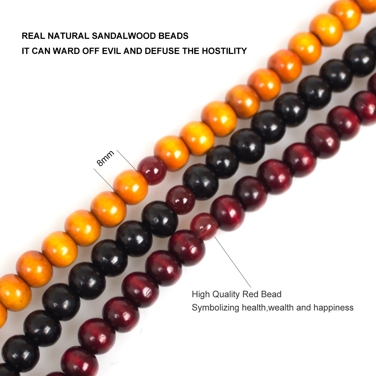 PWMENLK 108 Mala Beads Bracelets Meditation Necklace 3pc 8mm Wood Prayer Beads Buddhist Wooden Beaded Tibetan Buddha Bead Sandalwood Beaded Necklace for Men Women(red black orange)