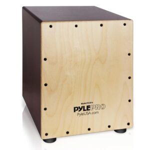 pyle stringed birch wood compact acoustic jam cajon - wooden hand drum percussion box with internal guitar strings, deep bass, classic slap, and crackle sound - for kids, teens, and adults - pcjd16