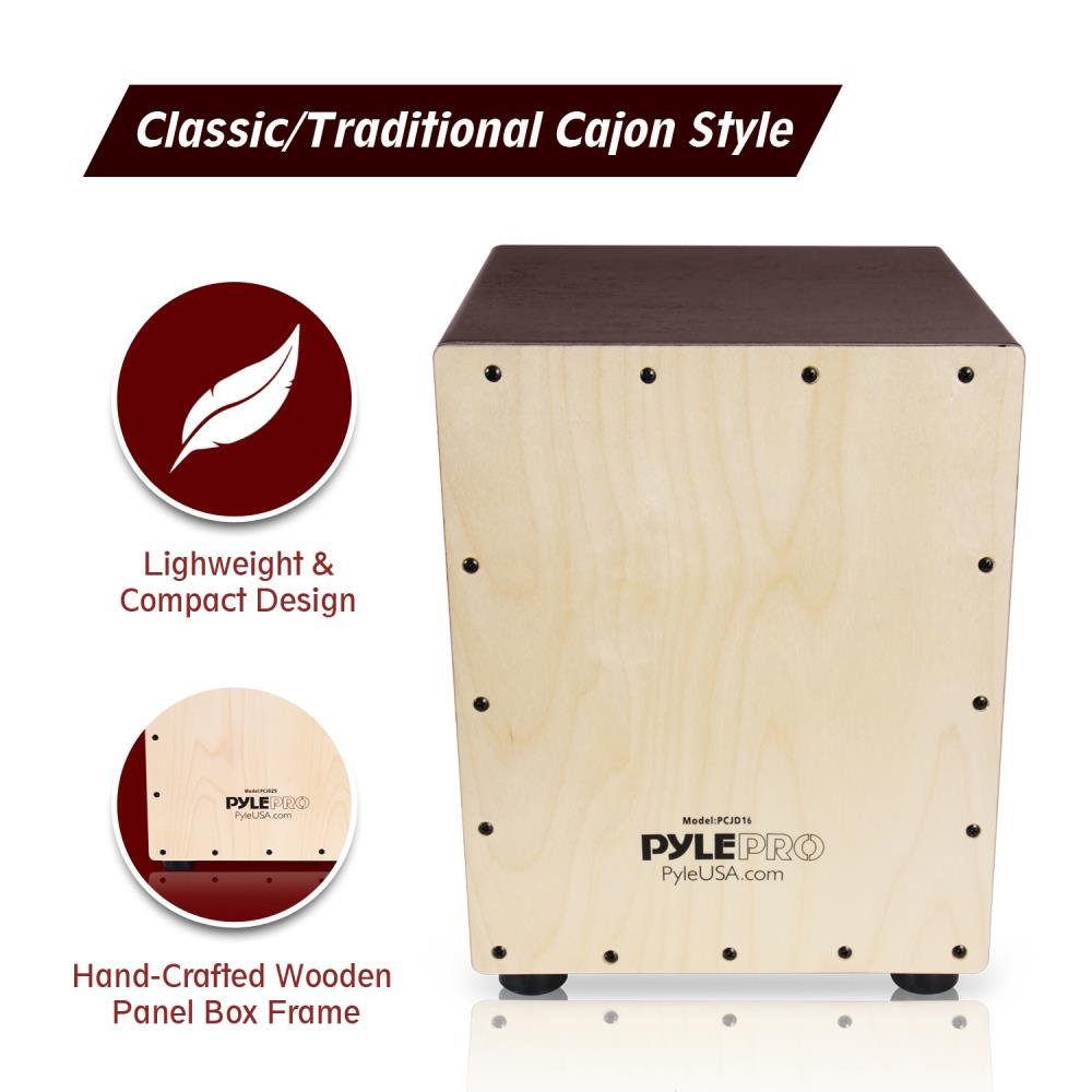 Pyle Stringed Birch Wood Compact Acoustic Jam Cajon - Wooden Hand Drum Percussion Box with Internal Guitar Strings, Deep Bass, Classic Slap, and Crackle Sound - For Kids, Teens, and Adults - PCJD16