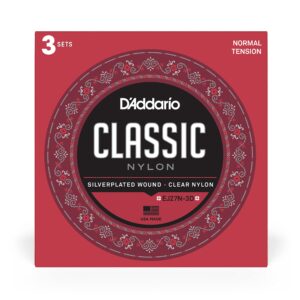 d'addario guitar strings - classic nylon guitar strings - ej27n classical guitar strings - silver plated wrap, nylon core, clear student nylon trebles - normal tension, 3-pack