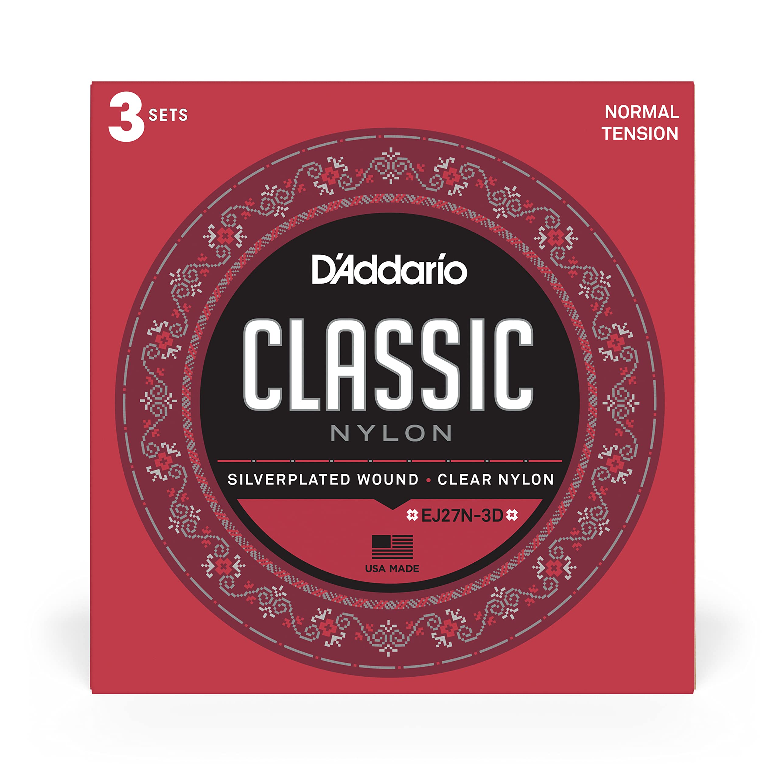 D'Addario Guitar Strings - Classic Nylon Guitar Strings - EJ27N Classical Guitar Strings - Silver Plated Wrap, Nylon Core, Clear Student Nylon Trebles - Normal Tension, 3-Pack