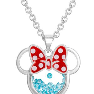 Disney Birthstone Women and Girls Jewelry Minnie Mouse Silver Plated March Aquamarine Light Blue Cubic Zirconia Shaker Pendant Necklace, 18+2" Extender