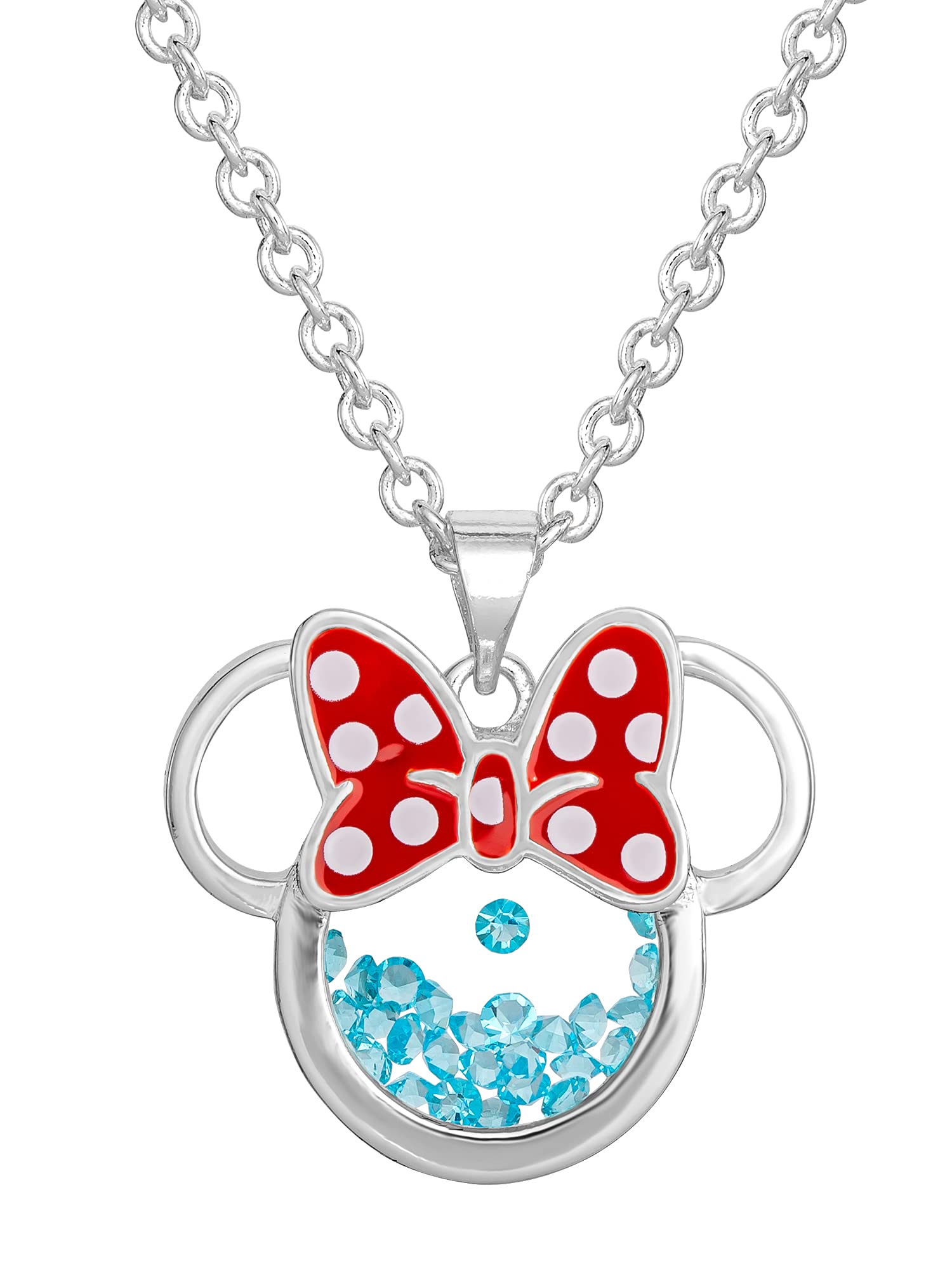 Disney Birthstone Women and Girls Jewelry Minnie Mouse Silver Plated March Aquamarine Light Blue Cubic Zirconia Shaker Pendant Necklace, 18+2" Extender