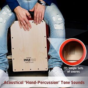 Pyle Snare Style Birch Wood Compact Acoustic Jam Cajon-Wooden Hand Drum Percussion Beat Box with Internal, Deep Bass, Classic Slap, and Crackle Sound-for Kids, Teens, and Adults-PCJD25, Brown (PCJD25)