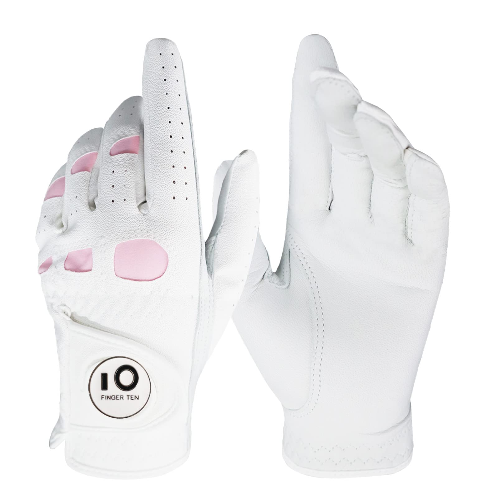 FINGER TEN Women’s Leather Golf Glove with Ball Marker Extra Grip 1 Pack, Left Right Hand Pink Fit Woman Girl, Size Small Medium Large XL (Small, Left)