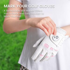 FINGER TEN Women’s Leather Golf Glove with Ball Marker Extra Grip 1 Pack, Left Right Hand Pink Fit Woman Girl, Size Small Medium Large XL (Small, Left)