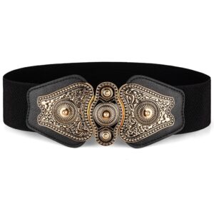 womens stretch elastic waist wide belt black with fashion western retro buckle