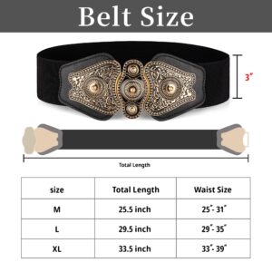 Womens Stretch Elastic Waist Wide Belt Black with Fashion Western Retro Buckle