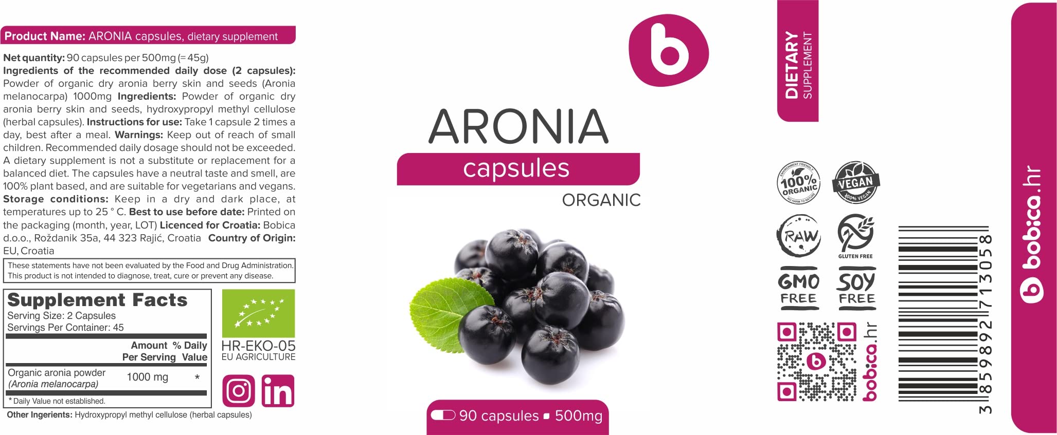 b Bobica Organic Aronia Berry Capsules, Chokeberry Capsules, Antioxidant Superfood, High in Flavonoids, Polyphenols, Immunity, 500 mg, 90 Vegan caps