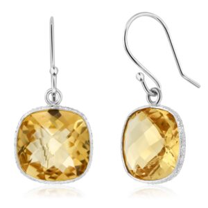 Gem Stone King 925 Sterling Silver Yellow Citrine Stud Dangle Earrings For Women (10.00 Cttw, Gemstone Birthstone, 11MM Cushion Cut)