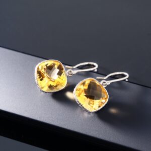 Gem Stone King 925 Sterling Silver Yellow Citrine Stud Dangle Earrings For Women (10.00 Cttw, Gemstone Birthstone, 11MM Cushion Cut)