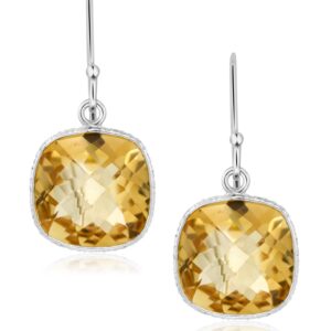 Gem Stone King 925 Sterling Silver Yellow Citrine Stud Dangle Earrings For Women (10.00 Cttw, Gemstone Birthstone, 11MM Cushion Cut)