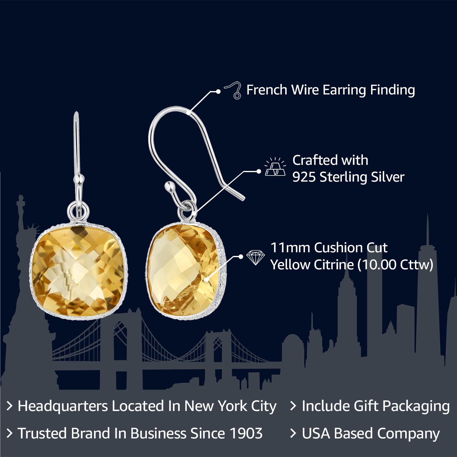 Gem Stone King 925 Sterling Silver Yellow Citrine Stud Dangle Earrings For Women (10.00 Cttw, Gemstone Birthstone, 11MM Cushion Cut)