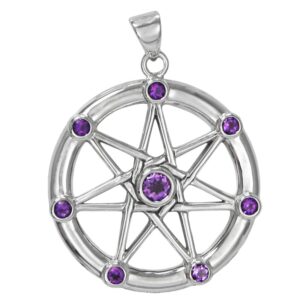 moonlight mysteries large fairy star pendant septagram - sterling silver faery star with natural amethyst (1 1/4 inch diameter)