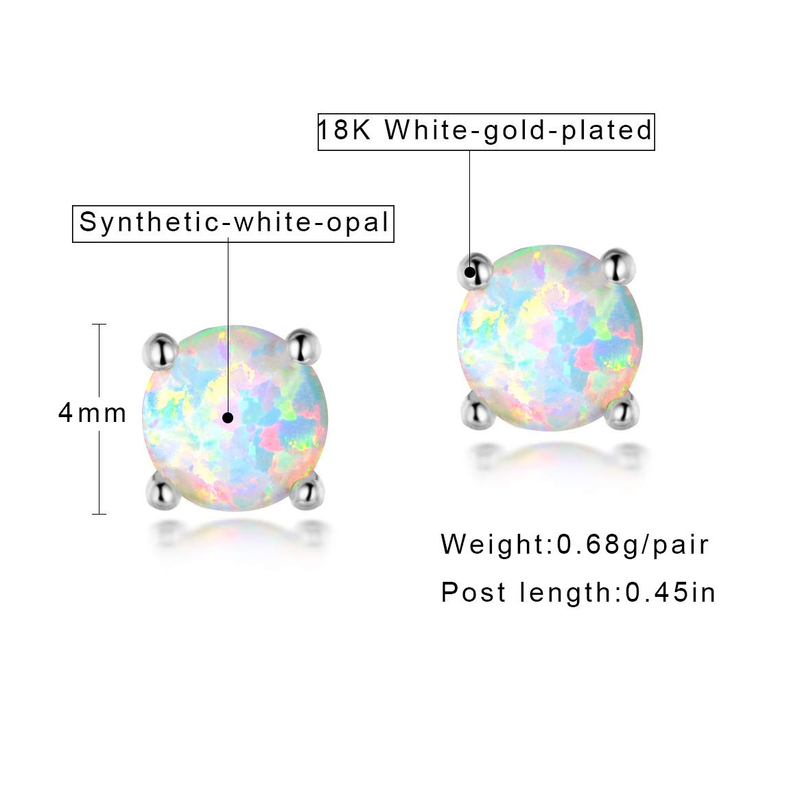 White Fire Opal Earrings for Women 18K White Gold Plated 4mm Opal Birthstone Gemstone Stud Earrings for women Hypoallergenic Jewelry Gifts