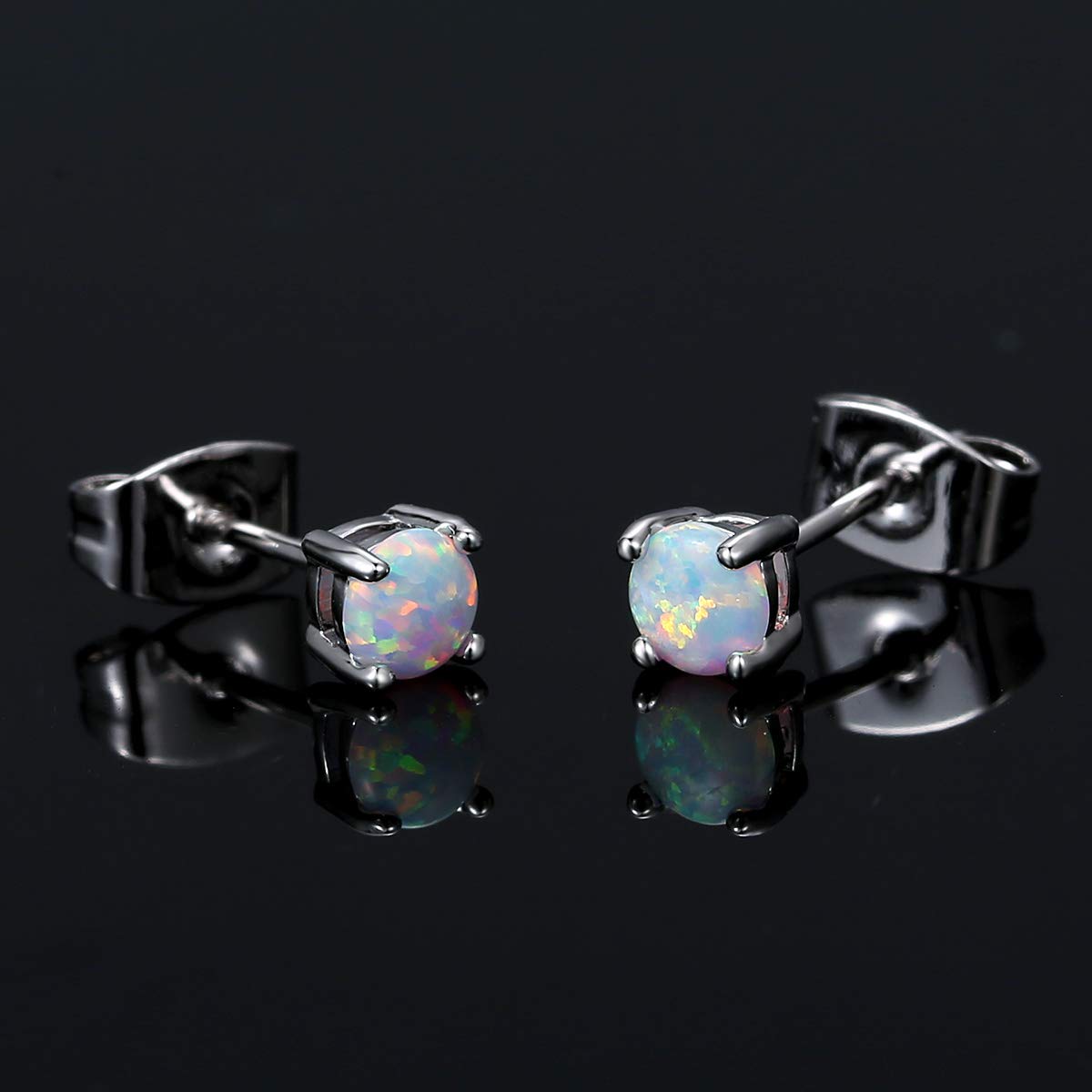 White Fire Opal Earrings for Women 18K White Gold Plated 4mm Opal Birthstone Gemstone Stud Earrings for women Hypoallergenic Jewelry Gifts