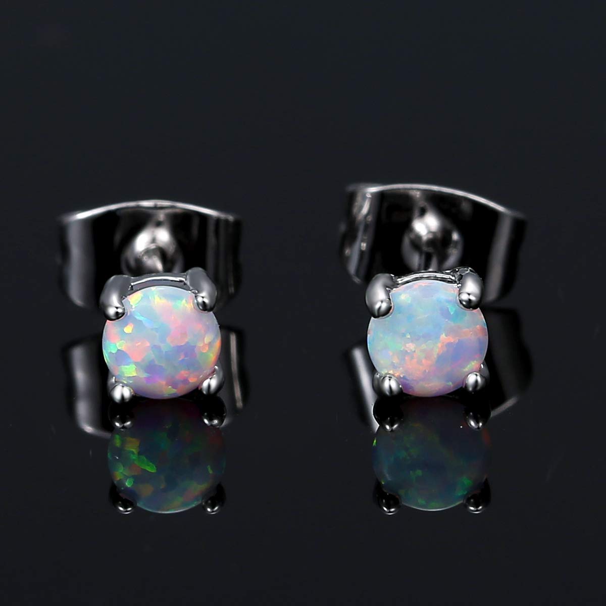 White Fire Opal Earrings for Women 18K White Gold Plated 4mm Opal Birthstone Gemstone Stud Earrings for women Hypoallergenic Jewelry Gifts