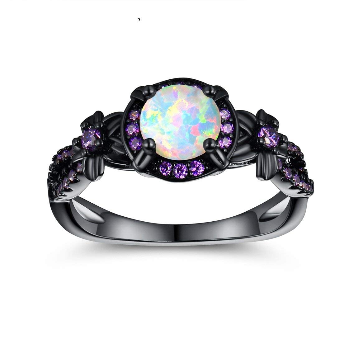 18K Black Gold Plated White Fire Opal Rings for Women October's Birthstone Gemstone Created Amethyst Eternity Wedding Engagement Promise Band (6)