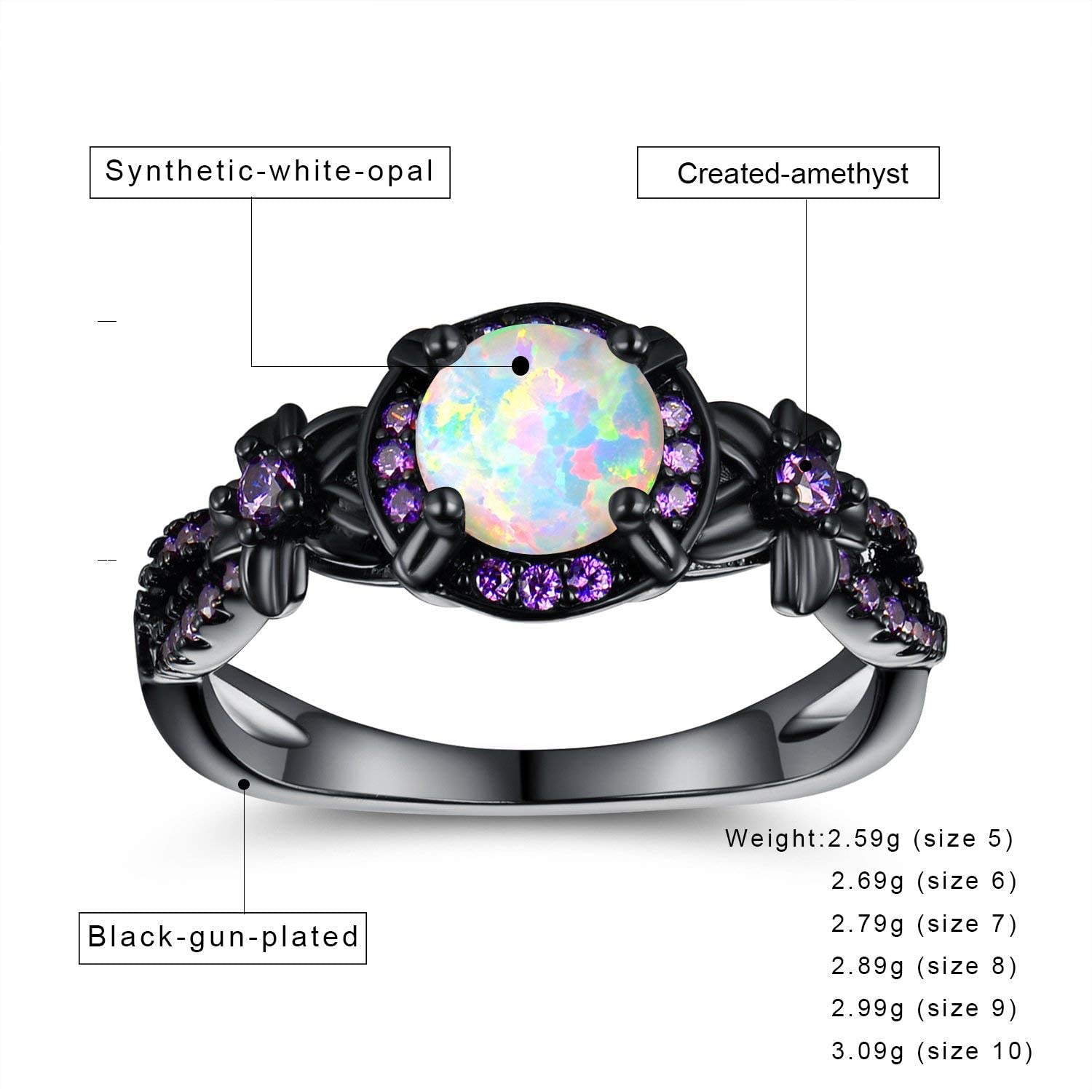 18K Black Gold Plated White Fire Opal Rings for Women October's Birthstone Gemstone Created Amethyst Eternity Wedding Engagement Promise Band (6)