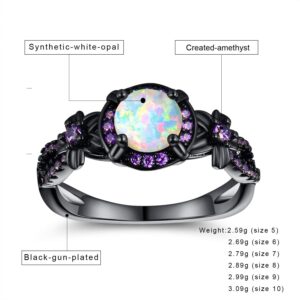 VOLUKA 18K Black Gold Plated White Fire Opal Rings for Women October's Birthstone Gemstone Created Amethyst Eternity Wedding Engagement Promise Band (7)