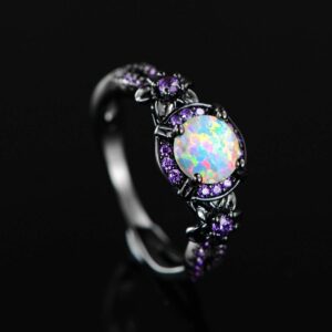 VOLUKA 18K Black Gold Plated White Fire Opal Rings for Women October's Birthstone Gemstone Created Amethyst Eternity Wedding Engagement Promise Band (7)