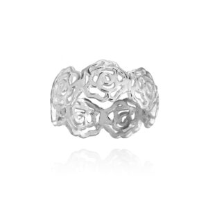 hoops & loops sterling silver high polished filigree rose flower band ring, size 9