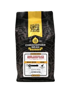 christopher bean coffee - dark chocolate peppermint bark flavored coffee, (regular ground) 100% arabica, no sugar, no fats, made with non-gmo flavorings, 12-ounce bag of regular ground coffee