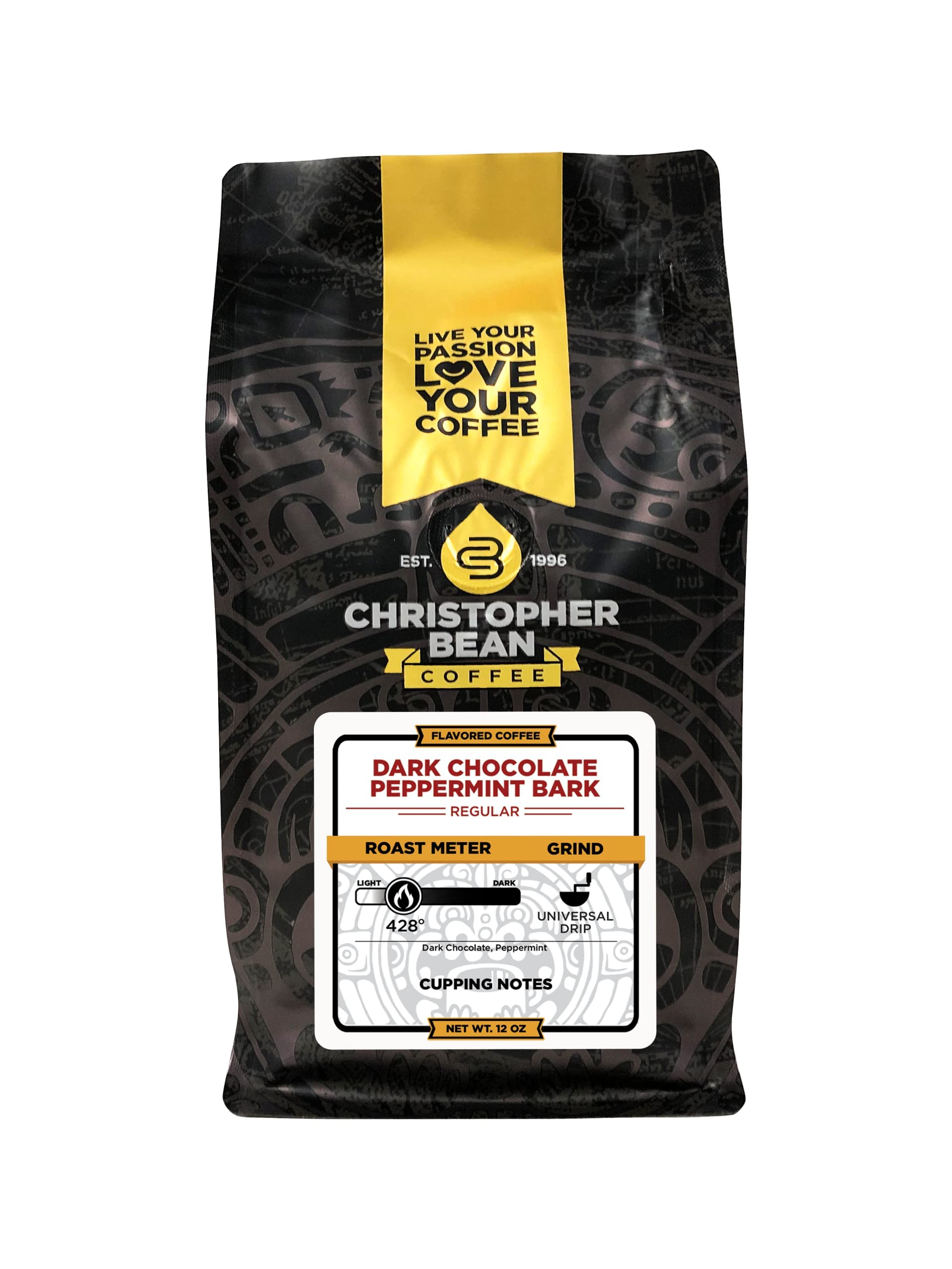 Christopher Bean Coffee - Dark Chocolate Peppermint Bark Flavored Coffee, (Regular Ground) 100% Arabica, No Sugar, No Fats, Made with Non-GMO Flavorings, 12-Ounce Bag of Regular Ground Coffee