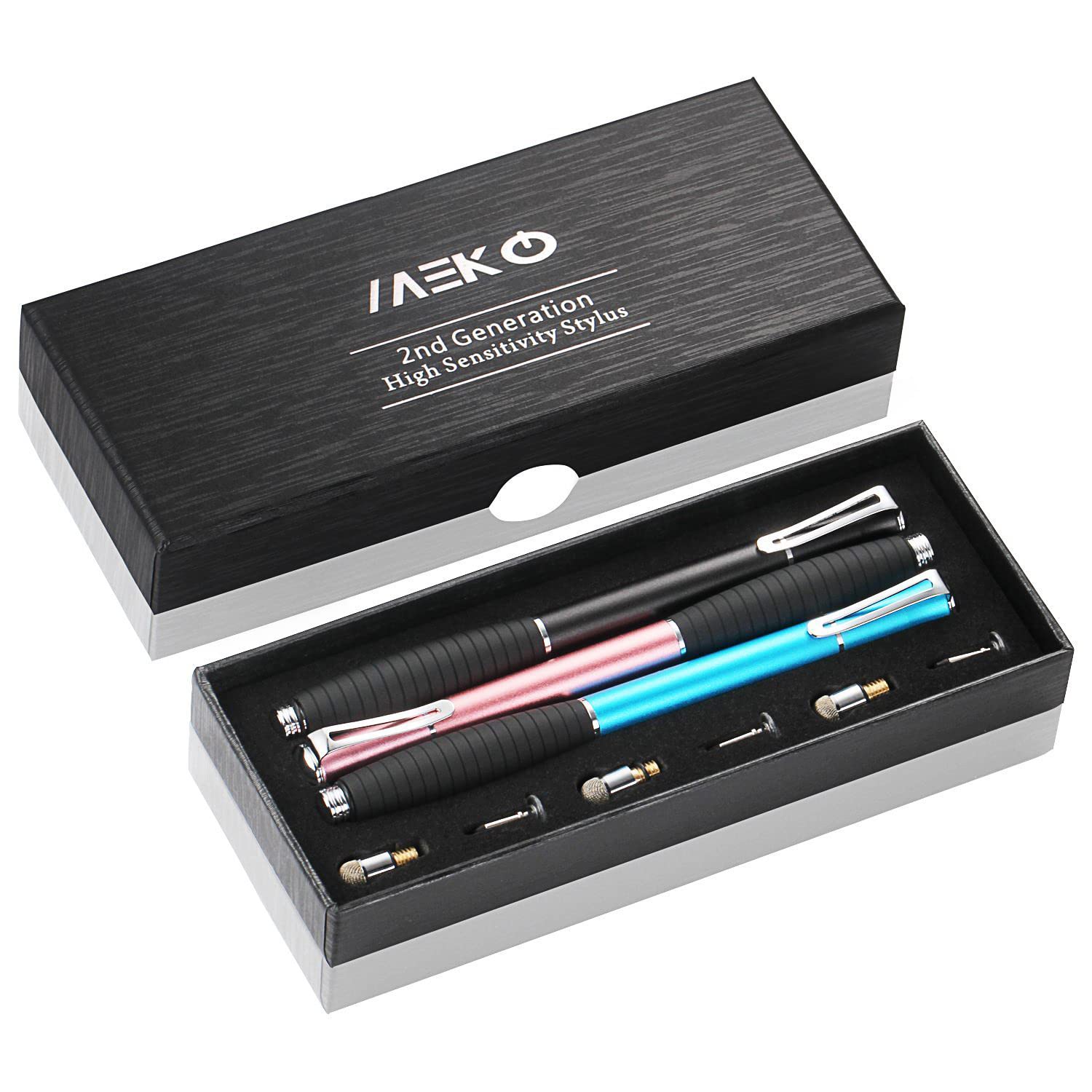 MEKO (2nd Gen)[2 in 1 Precision Series] Universal Disc Stylus Touch Screen Pen for iPhone,iPad,All Other Capacitive Touch Screens Bundle with 6 Replacement Tips,Pack of 3 (Black/Rose Gold/Aqua Blue)